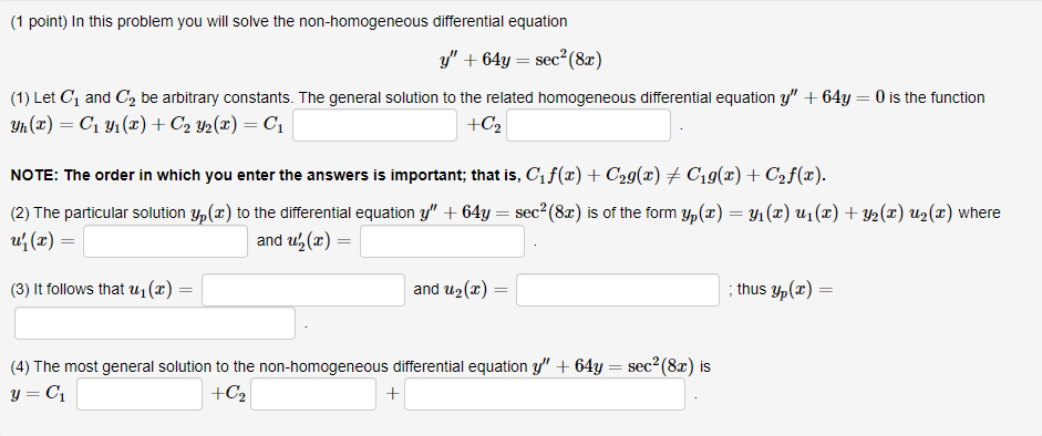 Solved (1 point) In this problem you will solve the | Chegg.com