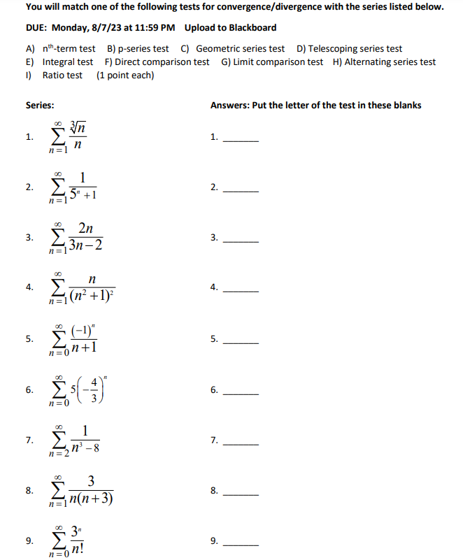 Solved You will match one of the following tests for | Chegg.com