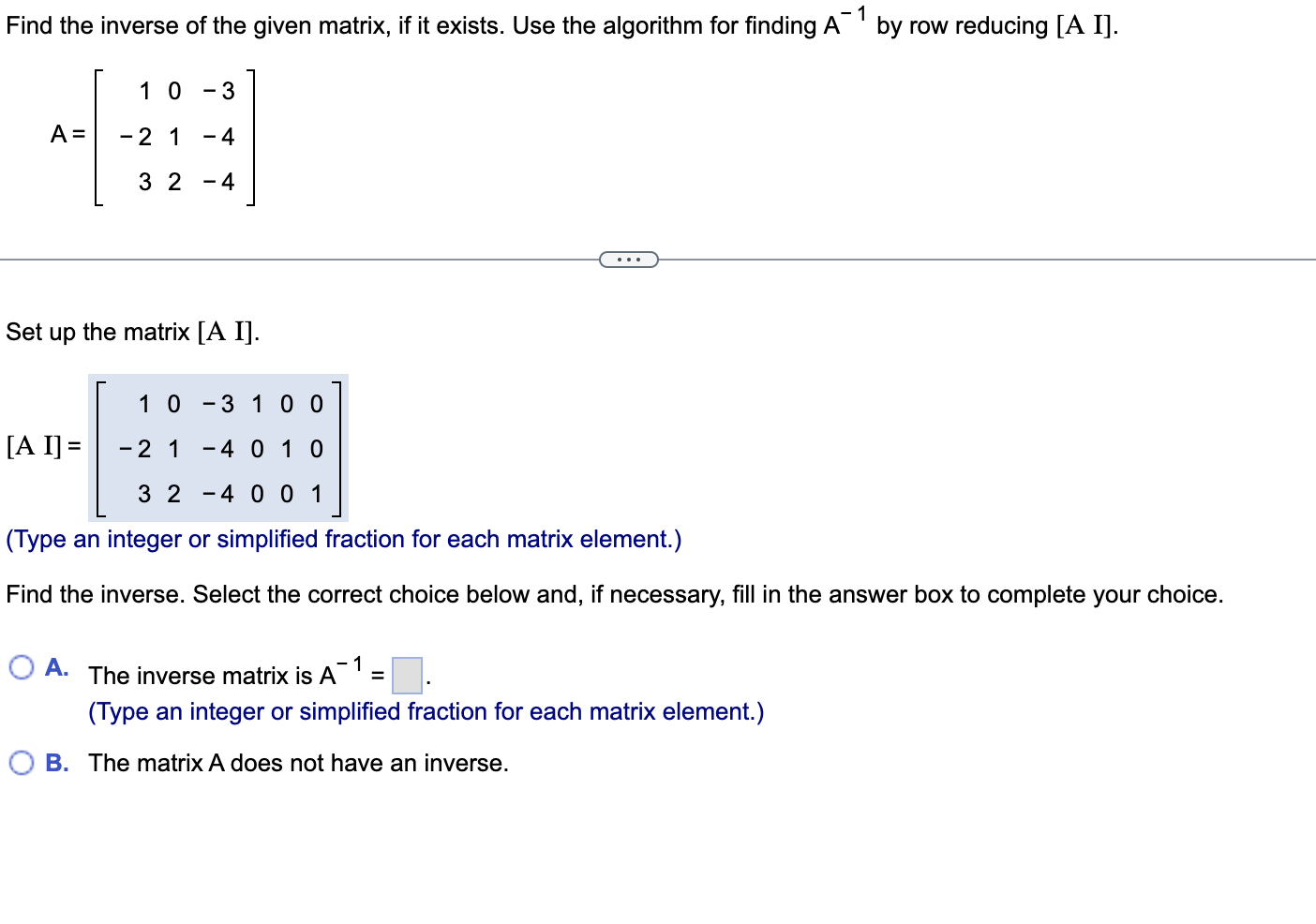 Solved A=⎣⎡1−23012−3−4−4⎦⎤ Set up the matrix [A I]. [A I] | Chegg.com