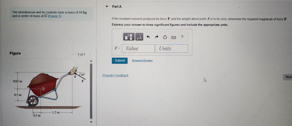 Solved The wheelbarrow and its contents have a mass of 44 kg | Chegg.com