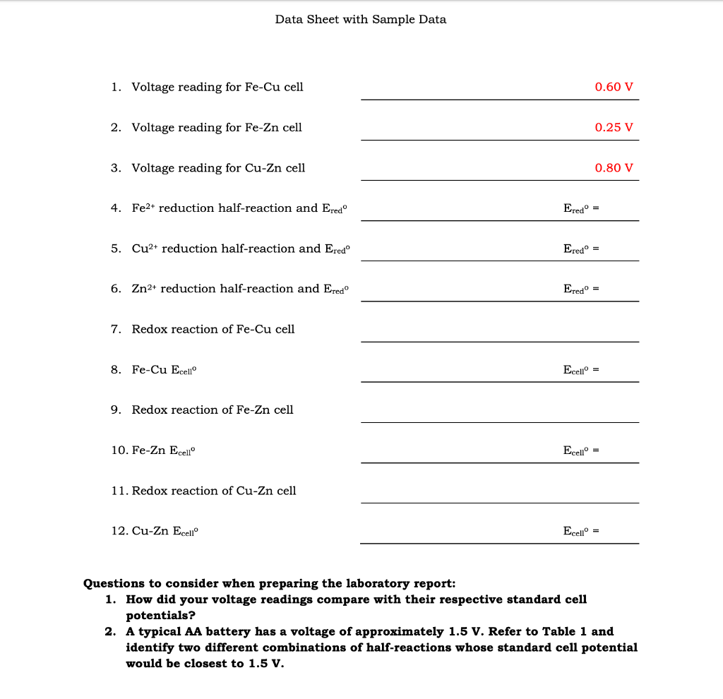 Solved Table 1 Selected Reduction Half Reactions And Their