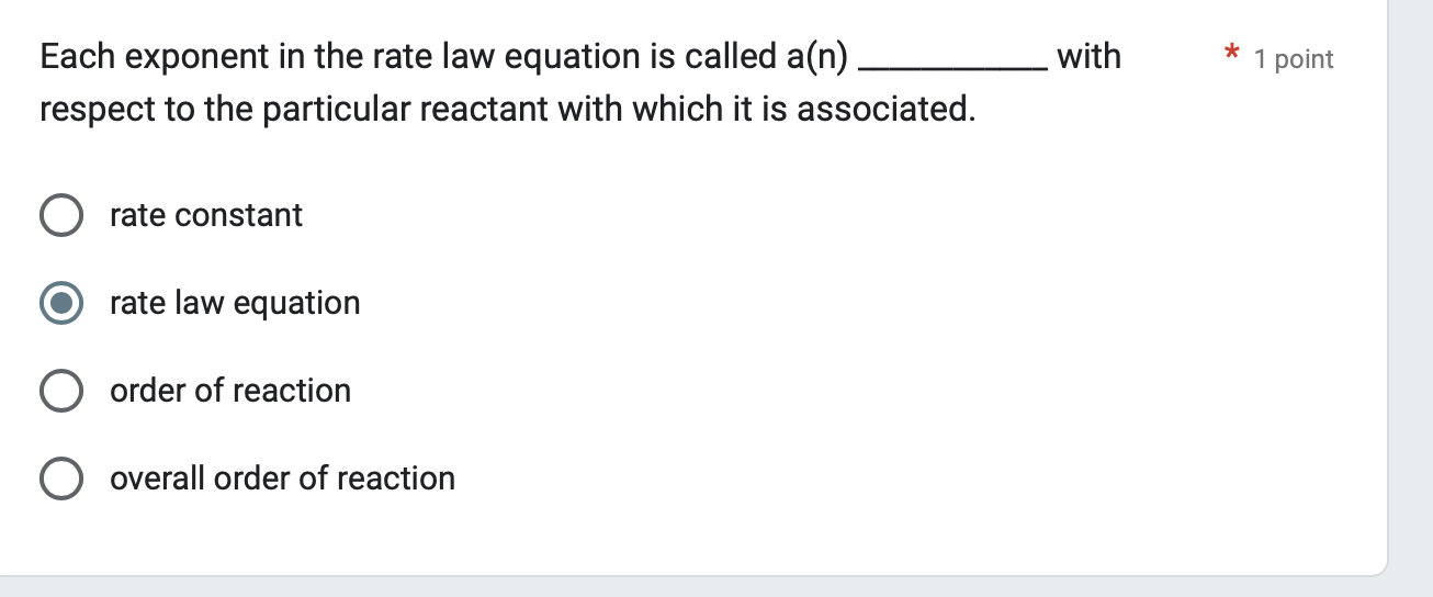 Solved Each exponent in the rate law equation is called a(n) | Chegg.com