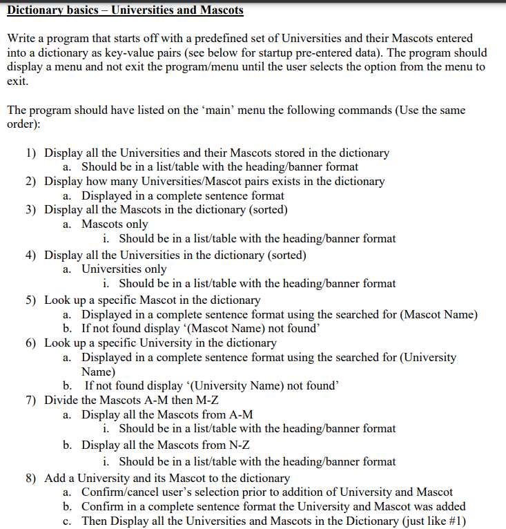 Solved Dictionary basics - Universities and Mascots Write a | Chegg.com