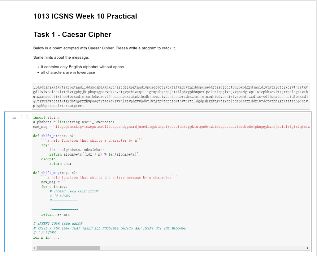 Solved 1013 ICSNS Week 10 Practical Task 1 - Caesar Cipher | Chegg.com