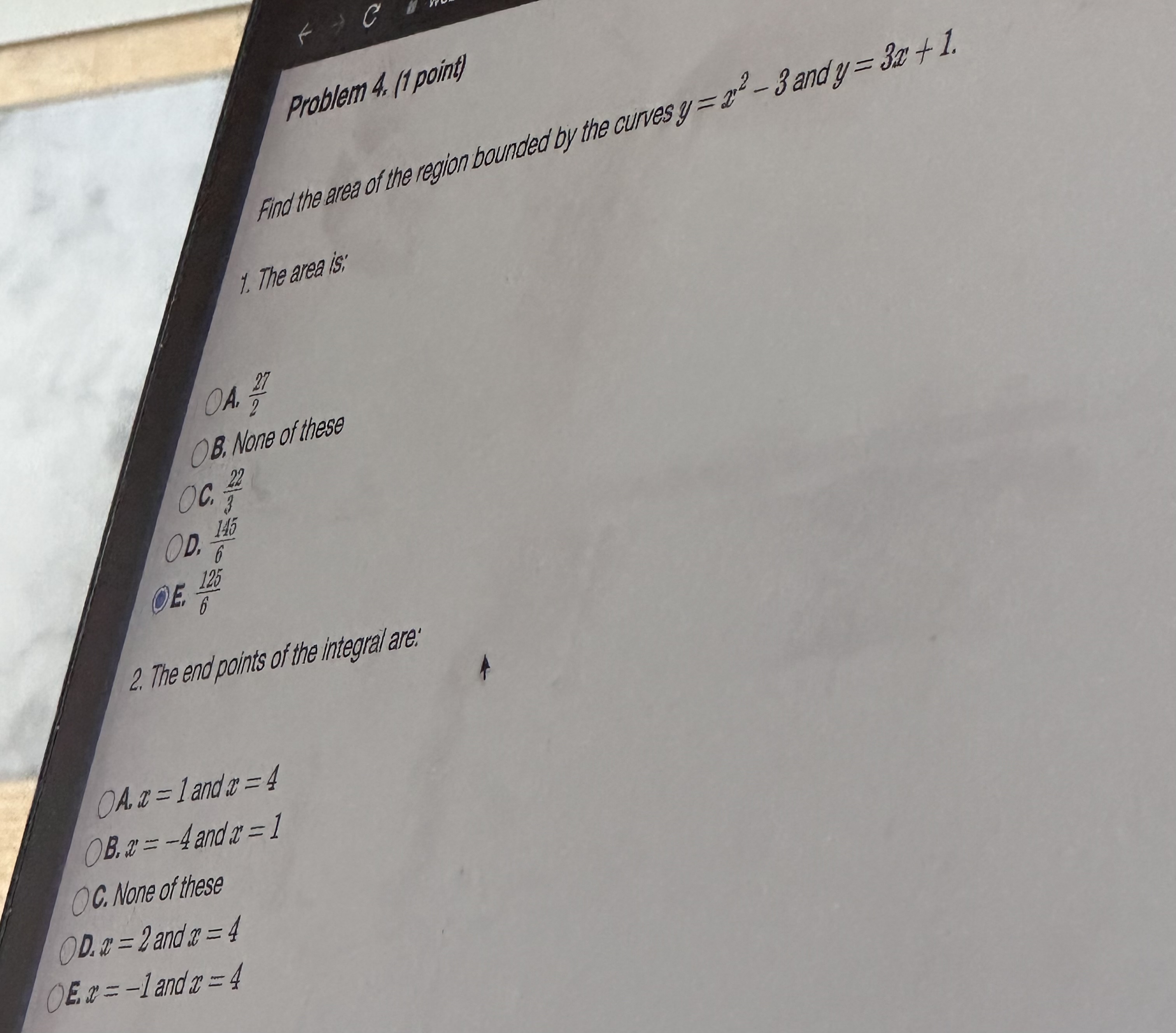 Solved problem 4. (1 point) Find the area of the region | Chegg.com