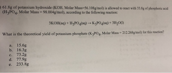 Solved 61.8g of potassium hydroxide (KOH, Molar | Chegg.com