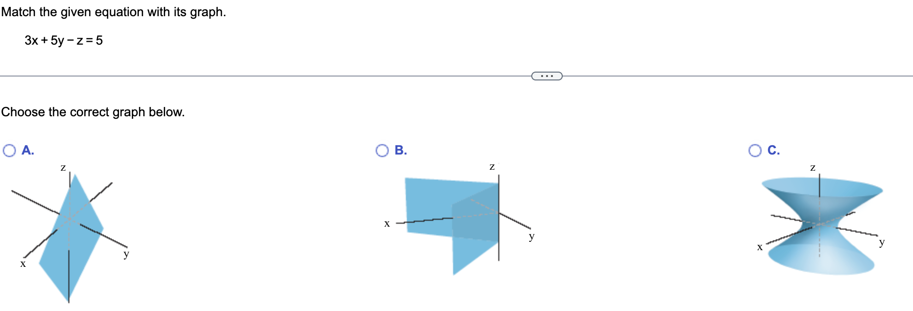 Solved Match the given equation with its graph. 3x+5y−z=5 | Chegg.com