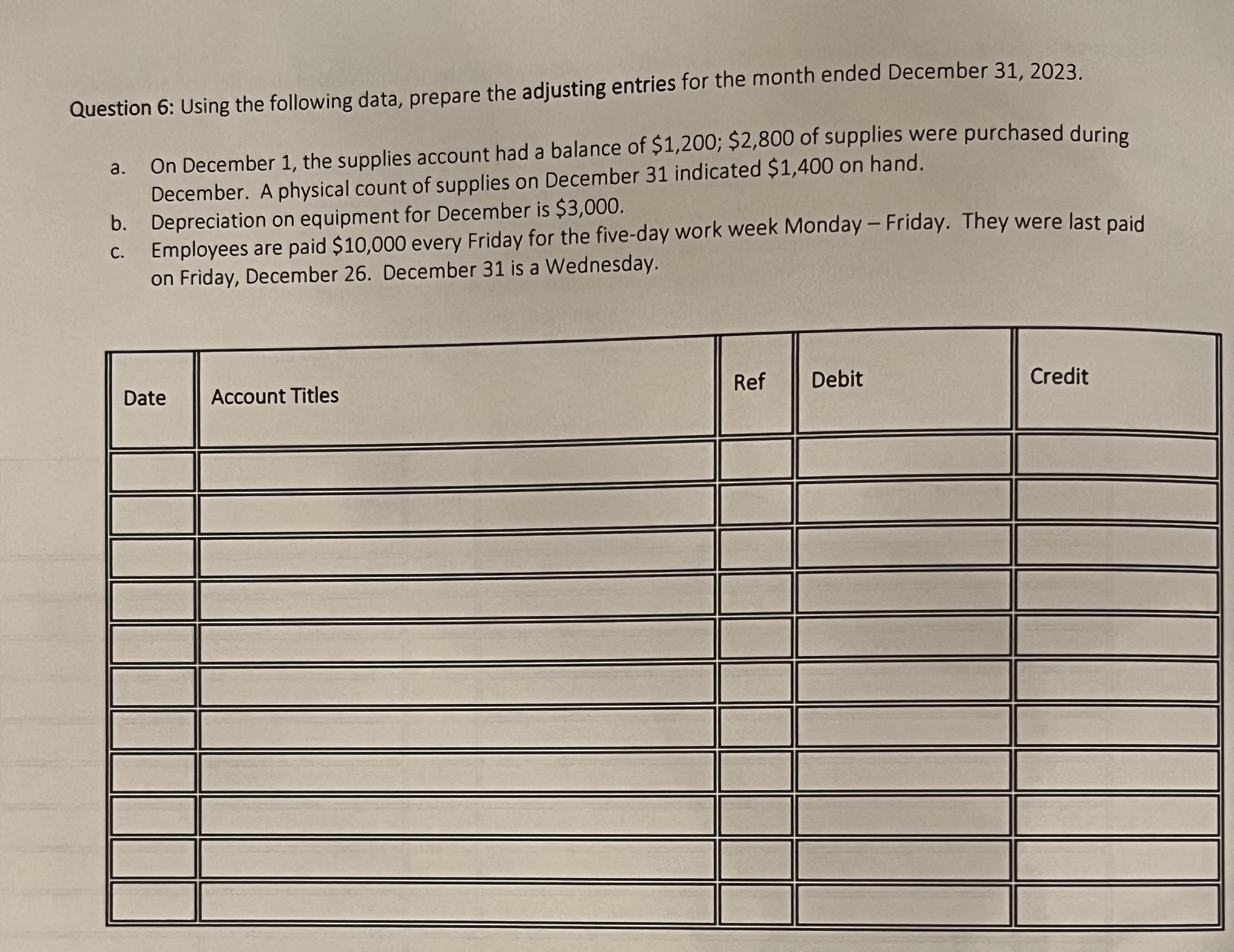Solved Question 6: Using the following data, prepare the | Chegg.com