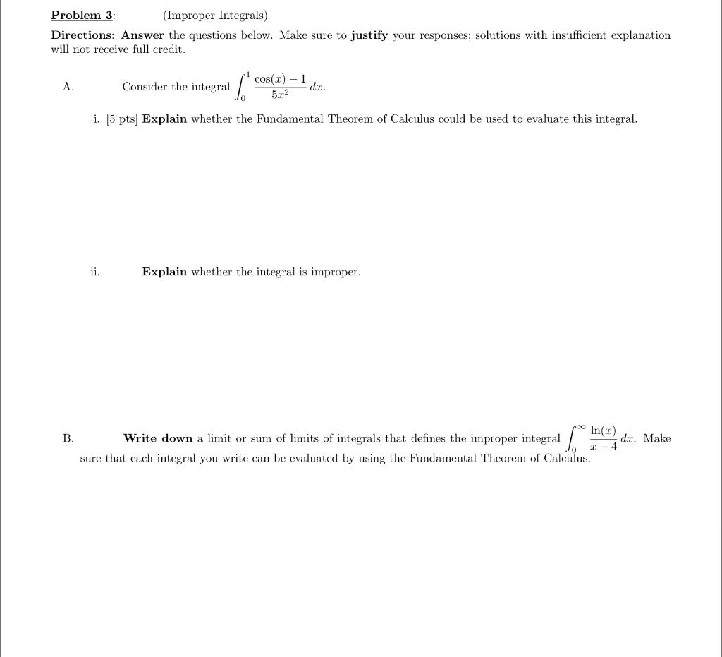 Solved Problem 3: (Improper Integrals) Directions: Answer | Chegg.com