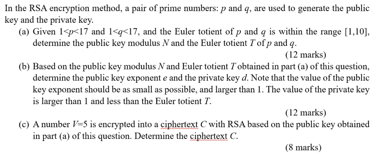Solved In the RSA encryption method, a pair of prime | Chegg.com