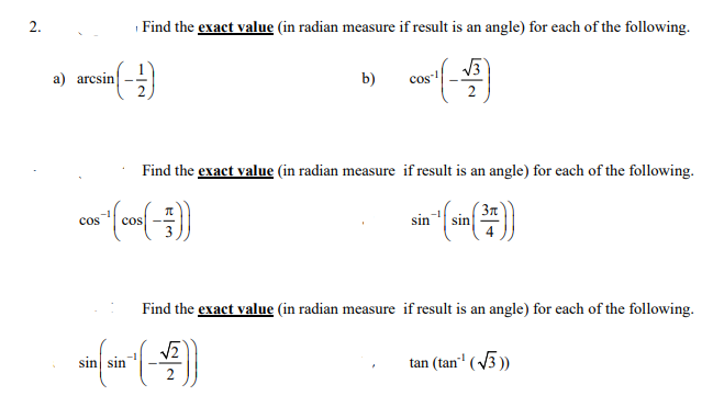 Solved 2. Find the exact value (in radian measure if result | Chegg.com