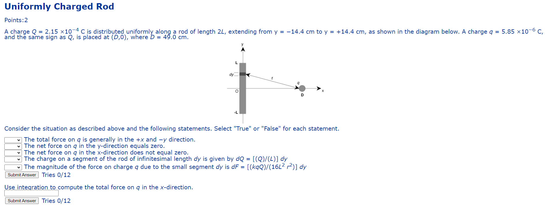 Solved Uniformly Charged Rod Points: 2 A charge Q = 2.15 | Chegg.com