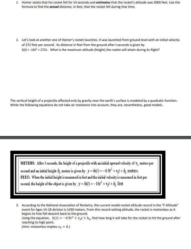 Solved 1. Homer states that his rocket fell for 14 seconds | Chegg.com