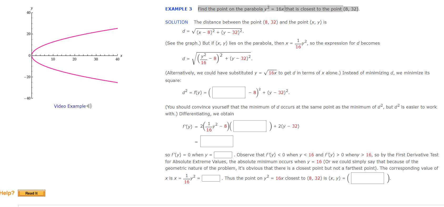 Solved EXAMPLE 3 Find the point on the parabola y2=16x that | Chegg.com