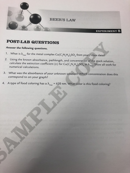 Solved BEER'S LAW EXPERIMENT 8 POST-LAB QUESTIONS Answer the | Chegg.com