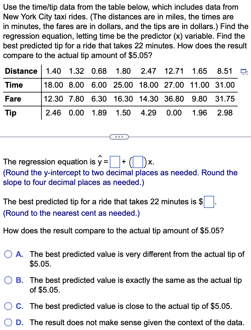 Solved Use the time/tip data from the table below, which | Chegg.com