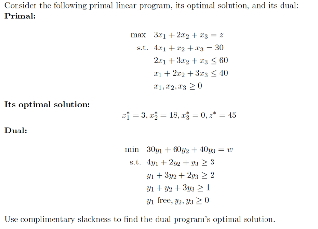 Consider the following primal linear program, its | Chegg.com
