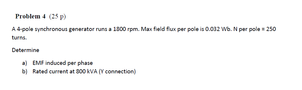 Solved Problem 4 (25 p) A 4-pole synchronous generator runs | Chegg.com