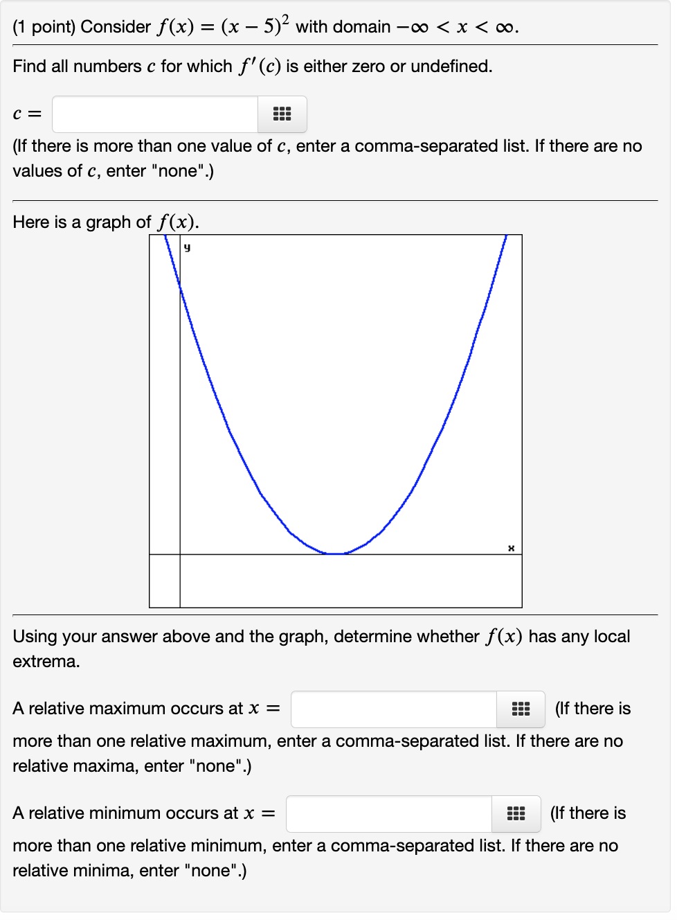 Solved (1 point) Consider f(x)=(x−5)2 with domain −∞ | Chegg.com