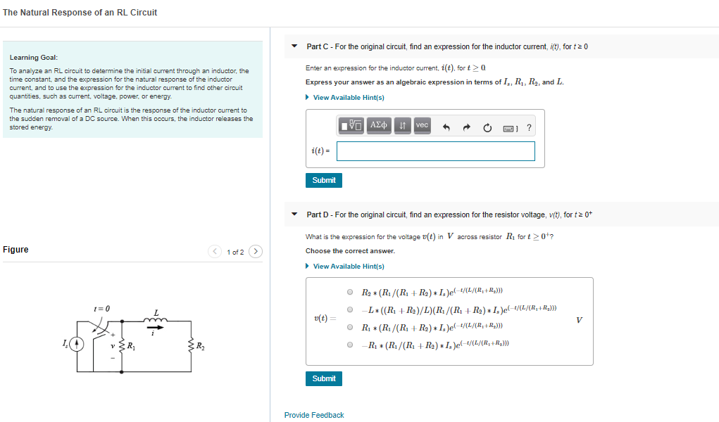 Solved The Natural Response of an RL Circuit Part C- For the | Chegg.com