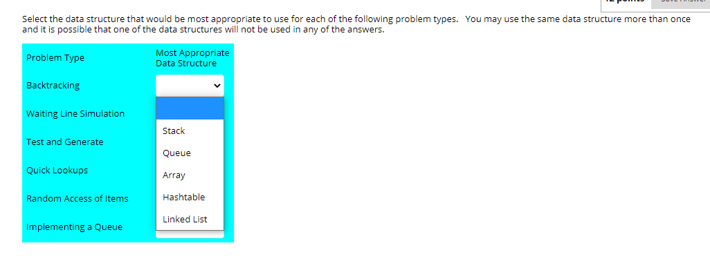 Solved Select the data structure that would be most | Chegg.com