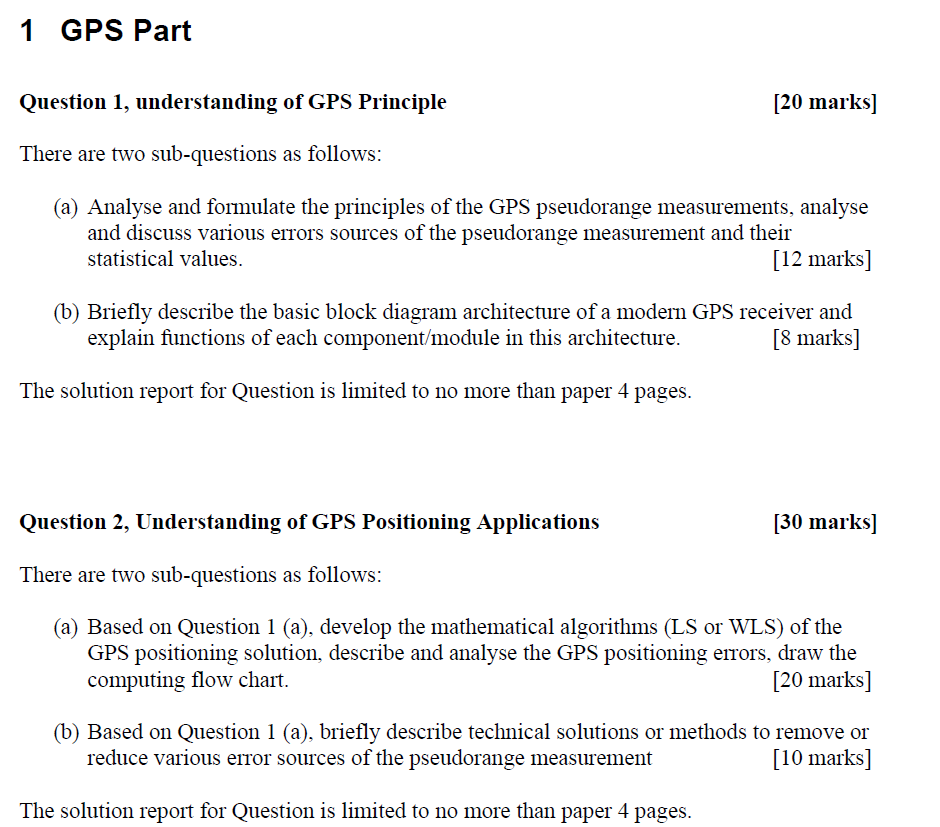 Solved 1 GPS Part Question 1, understanding of GPS Principle | Chegg.com