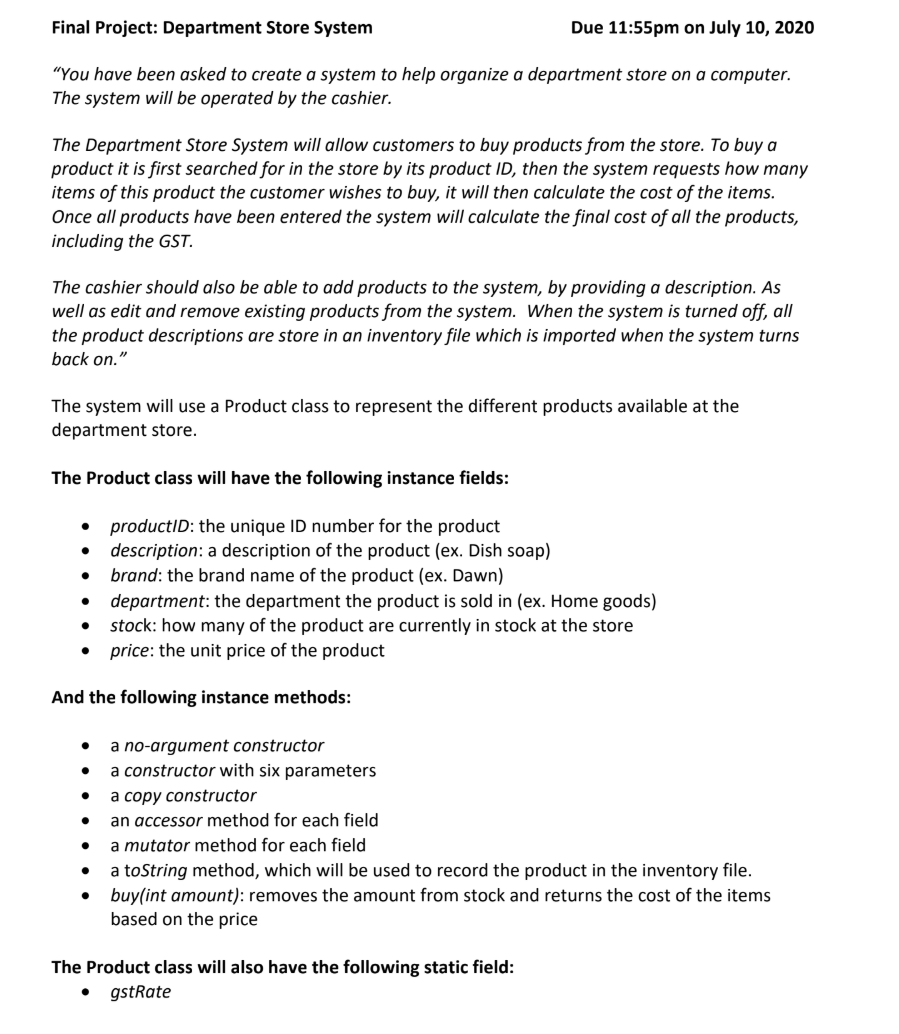 Final Project: Department Store System Due 11:55pm on | Chegg.com
