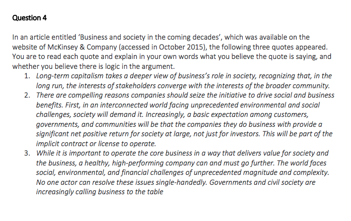 Question 4 In an article entitled 'Business and | Chegg.com