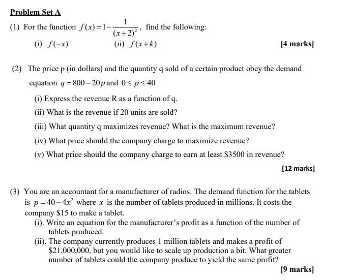 Solved Problem Set A 1 (1) For the function f(x)=1 -- find | Chegg.com