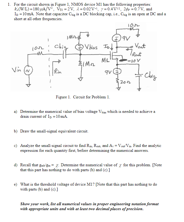 Solved 1. For the circuit shown in Figure 1, NMOS device M1 | Chegg.com