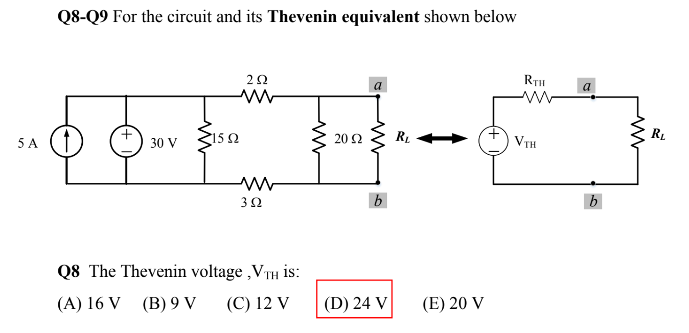 Solved Q8-Q9 For the circuit and its Thevenin equivalent | Chegg.com