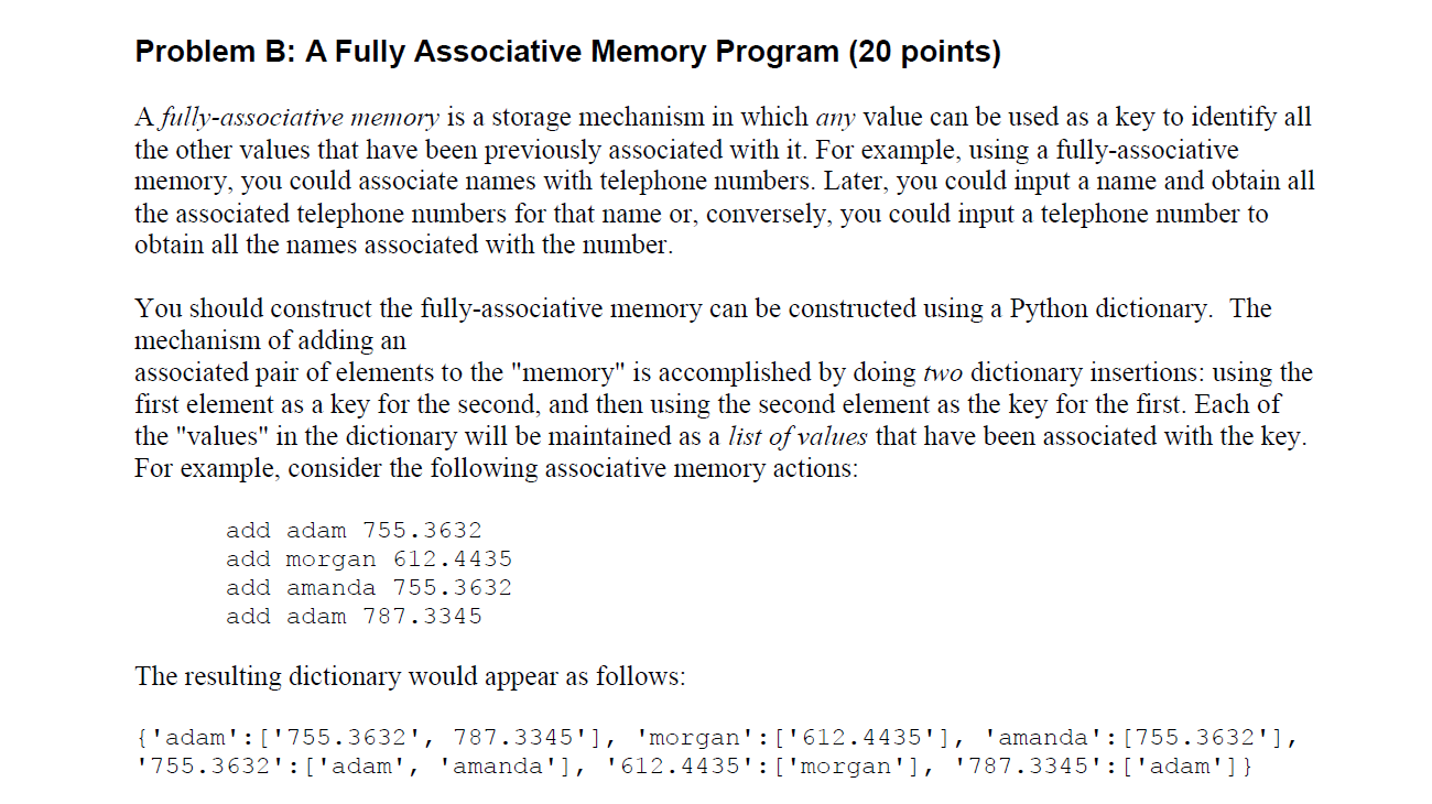 Solved Problem B: A Fully Associative Memory Program (20 | Chegg.com