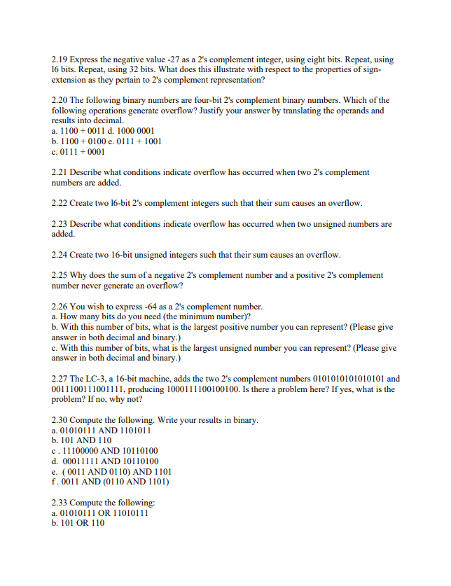Solved 2.19 Express the negative value -27 as a 2's | Chegg.com