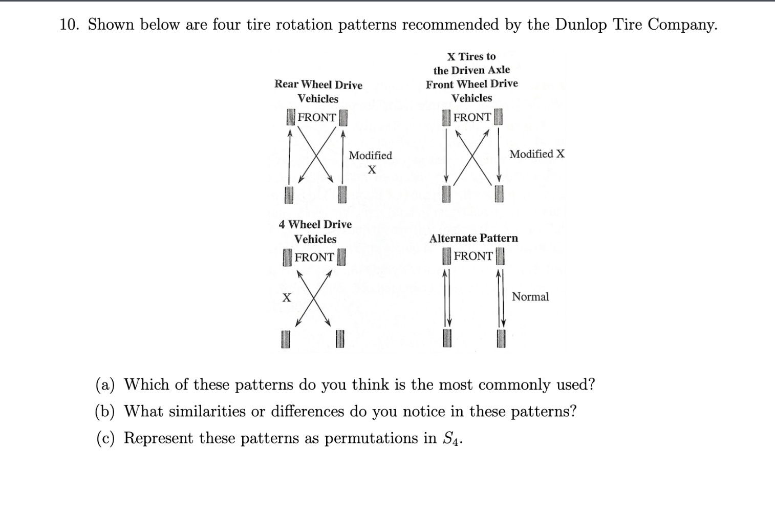 Solved 10. Shown below are four tire rotation patterns | Chegg.com