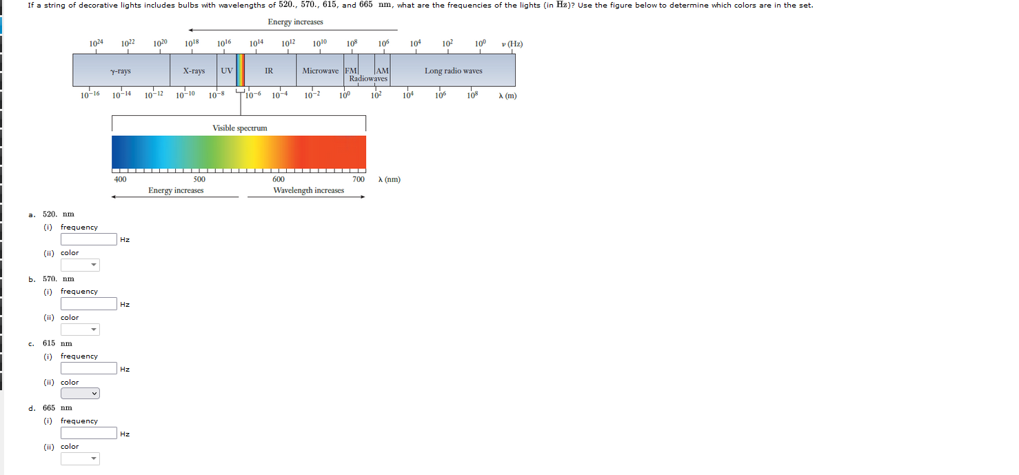 Solved a. 520. nm (i) frequency Hz (ii) color b. 570.nm (i) | Chegg.com