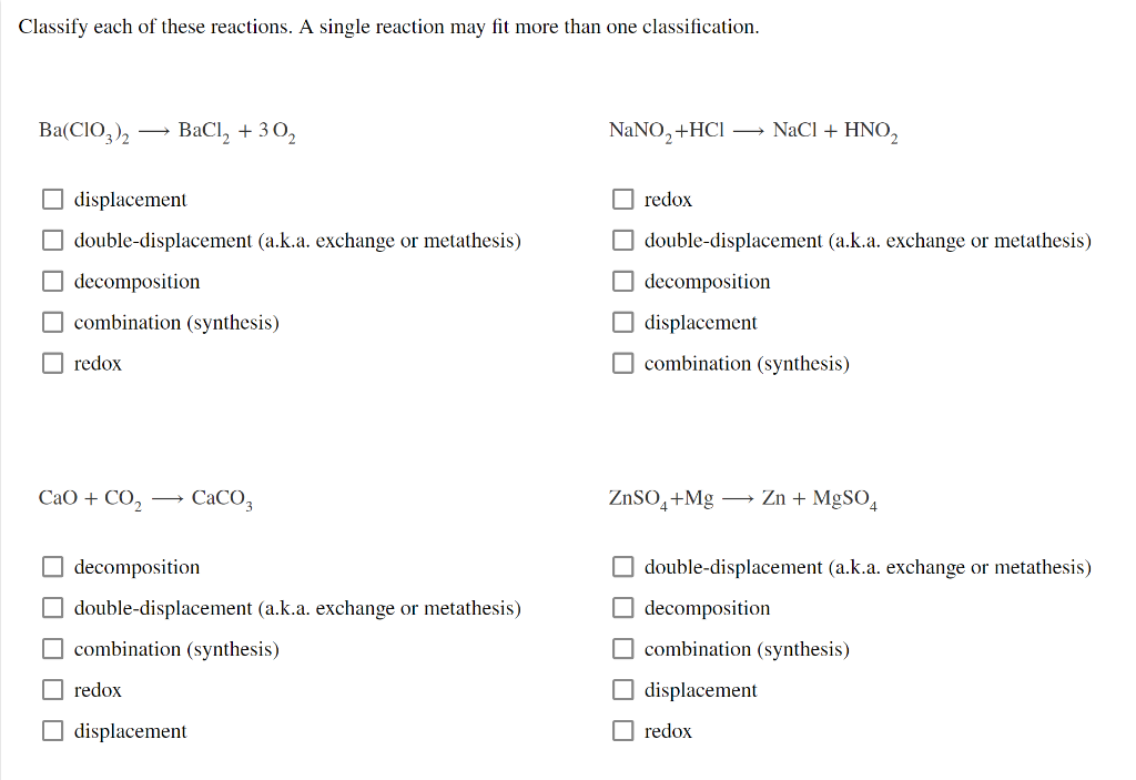 Solved Classify each of these reactions. A single reaction | Chegg.com
