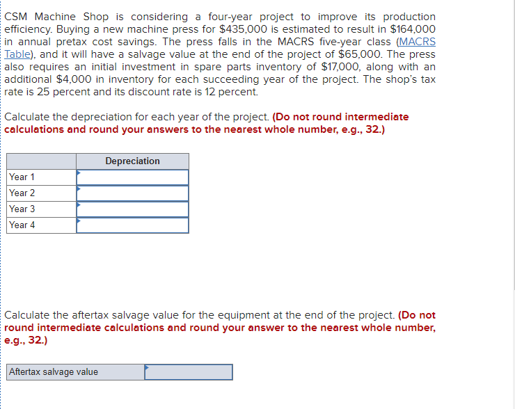CSM Machine Shop is considering a four-year project | Chegg.com