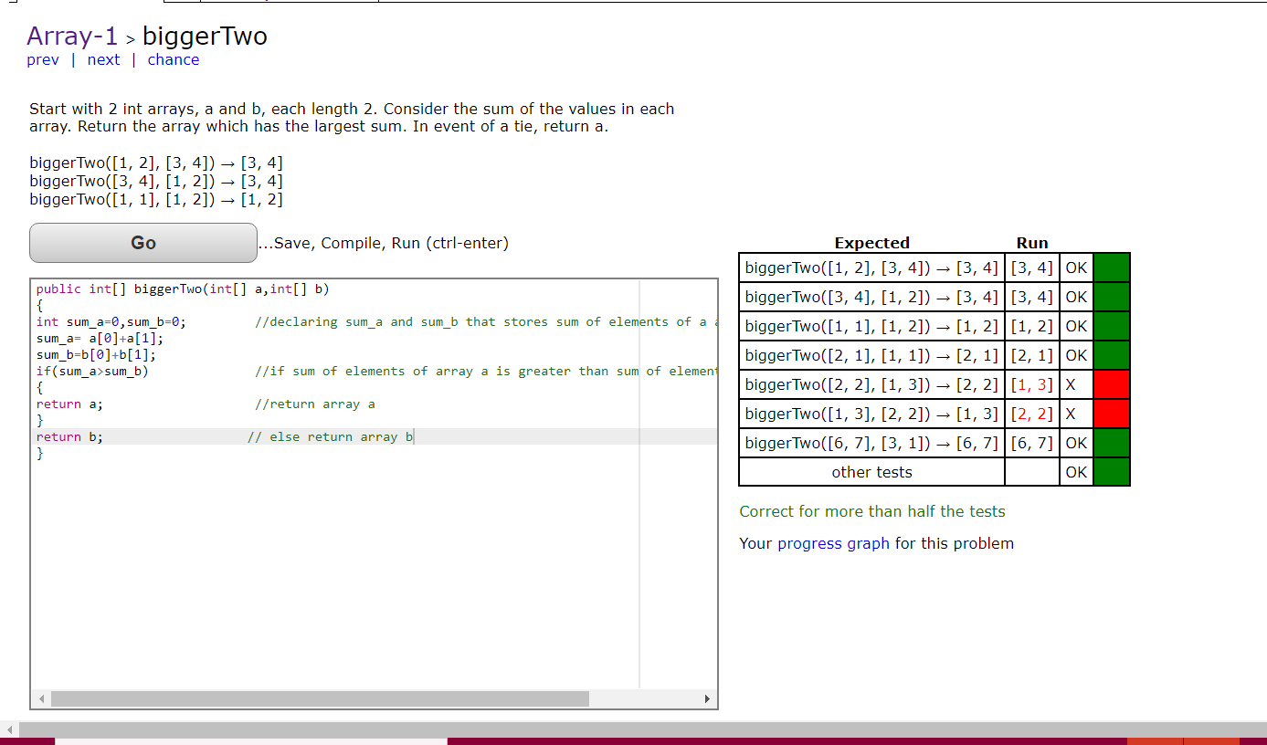 Solved Array-1 > biggerTwo prev next | chance Start with 2 | Chegg.com