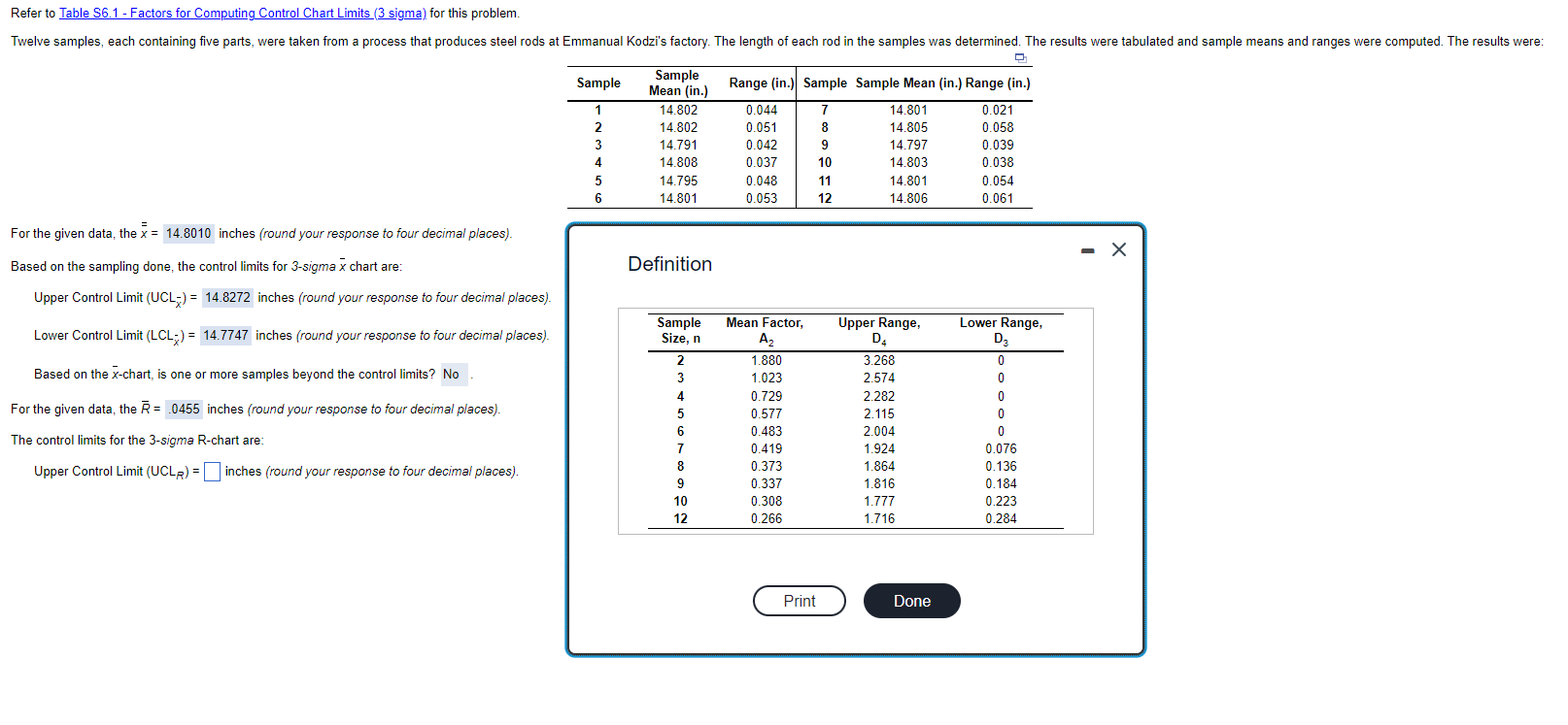 Solved For the control limits for the 3-sigma R-Chart, | Chegg.com