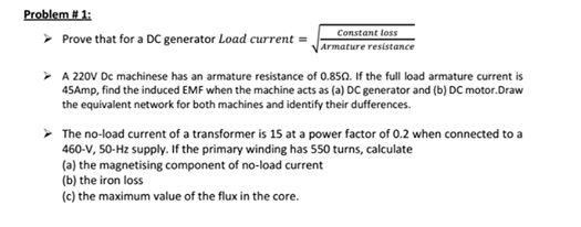 Solved Problem #1: Prove that for a DC generator Load | Chegg.com