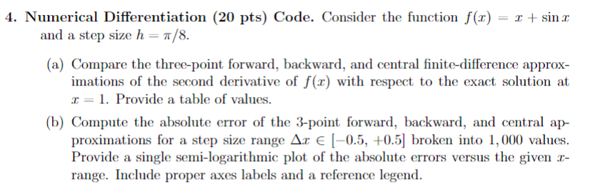 4. Numerical Differentiation (20 pts) Code. Consider | Chegg.com