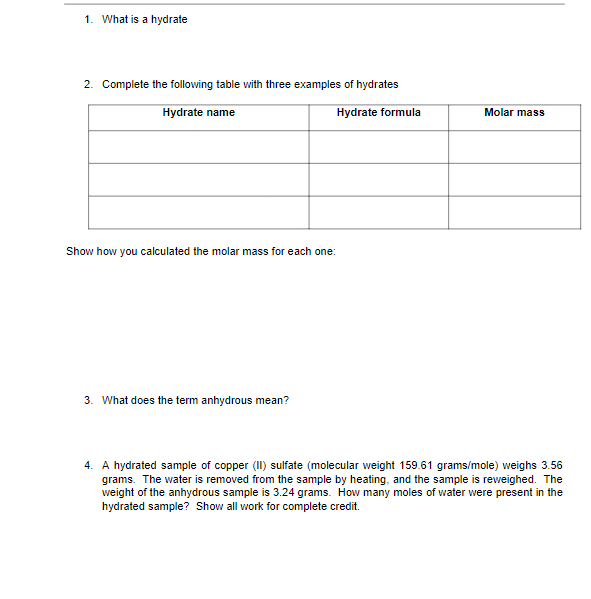 Solved What is a hydrateComplete the following table with | Chegg.com