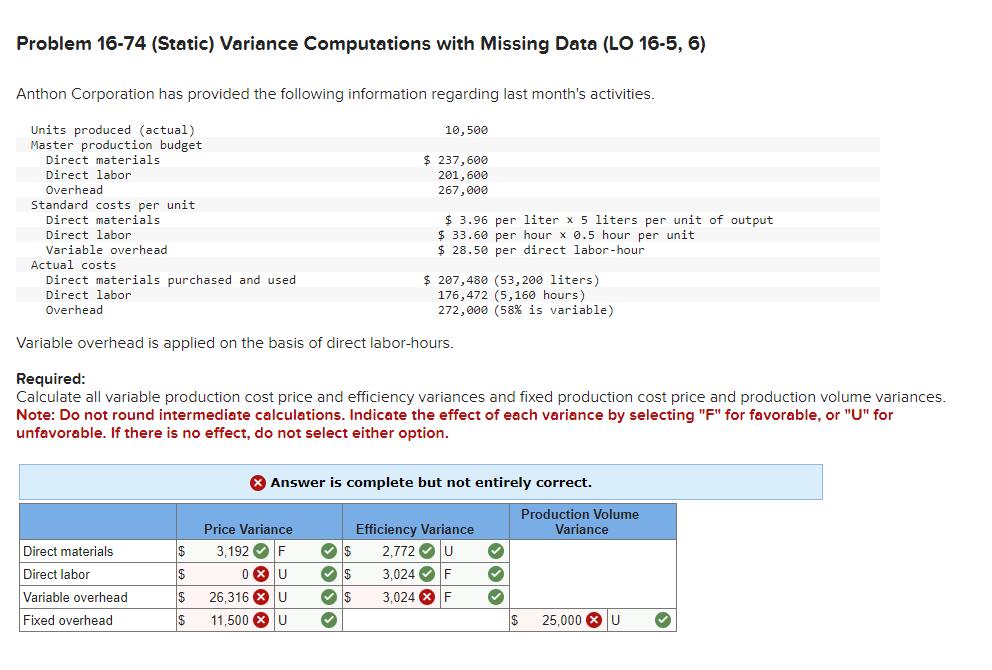 Solved Problem 16-74 (Static) ﻿Variance Computations with | Chegg.com