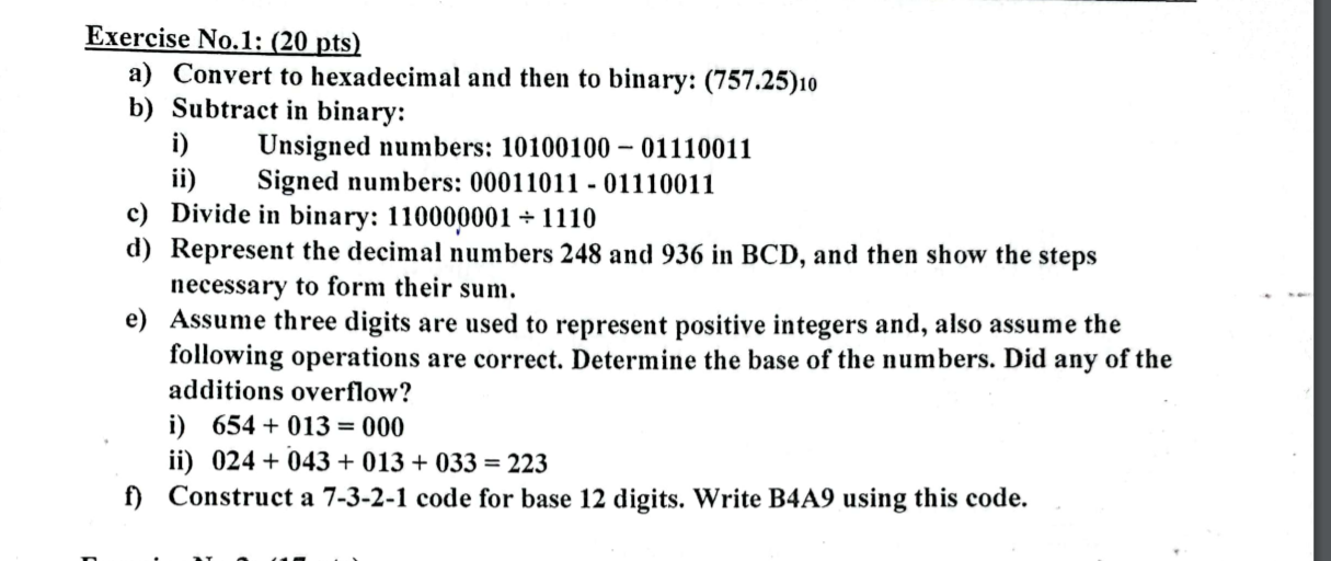 Solved Exercise No.1: (20 pts) a) Convert to hexadecimal and | Chegg.com