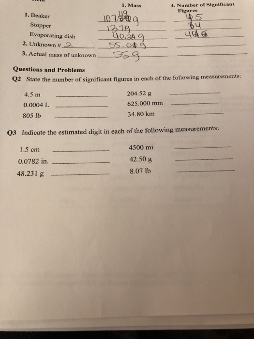 Solved 1. Mass 4. Number of Significant Figures 1. Beaker | Chegg.com