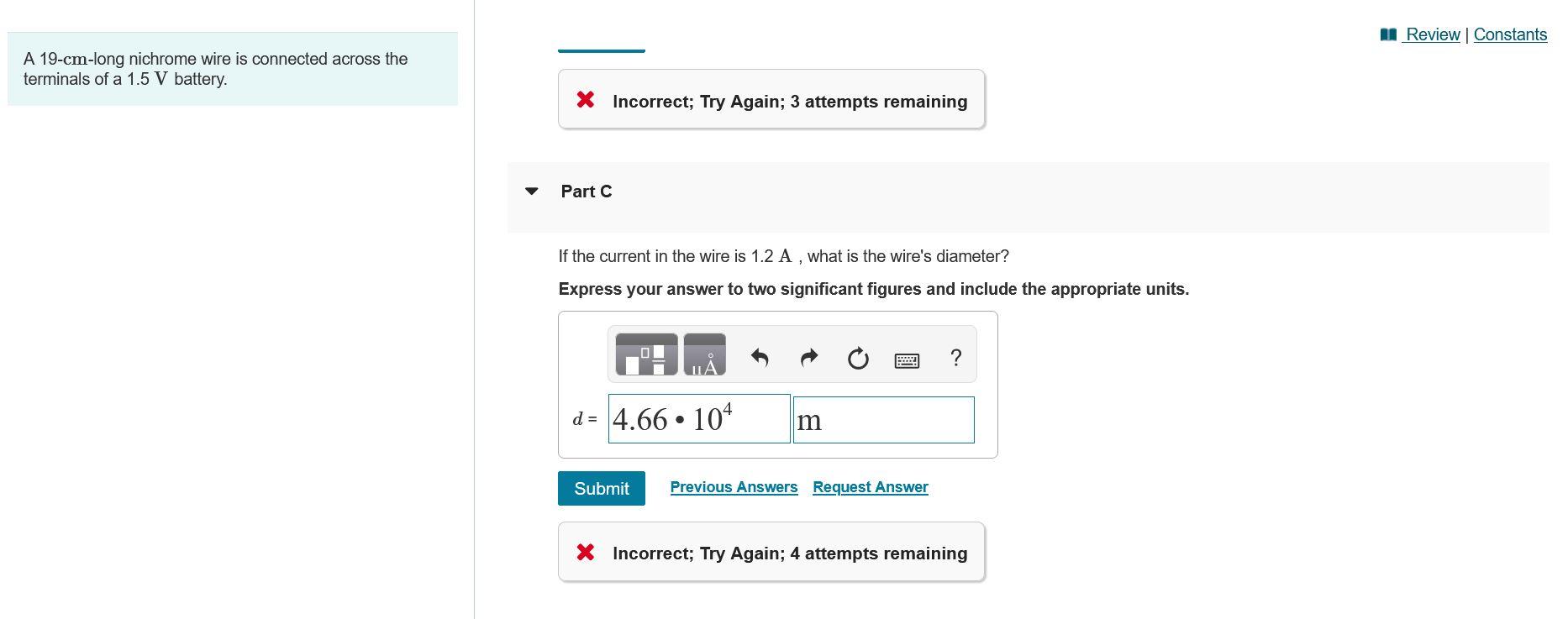 Solved Review Constants A 19-cm-long nichrome wire is | Chegg.com