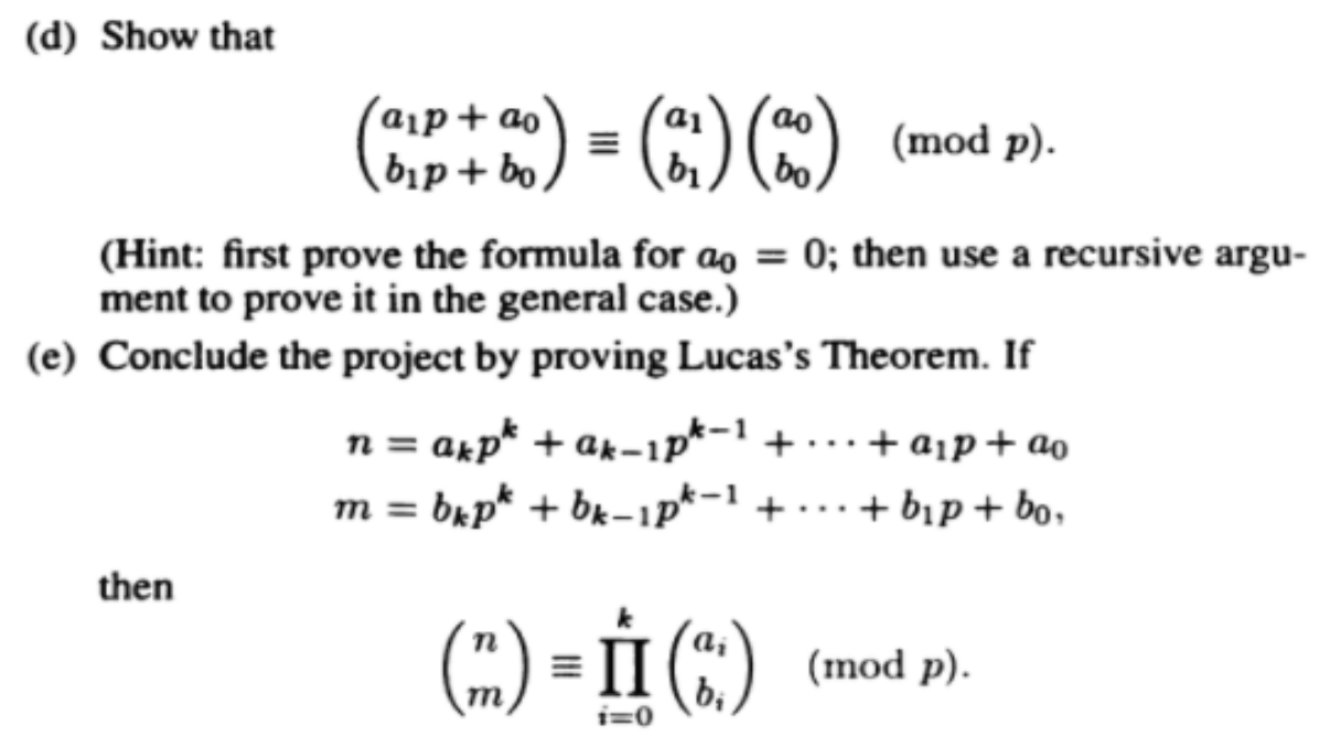 (d) Show that (a1p+a0b1p+b0)≡(a1b1)(a0b0)(modp) | Chegg.com