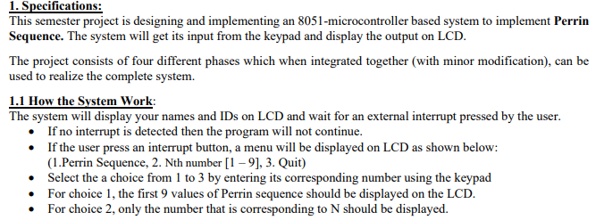 Solved 1. Specifications: This semester project is designing | Chegg.com