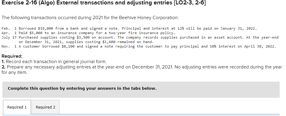 Solved Exercise 2-16 (Algo) External transactions and | Chegg.com
