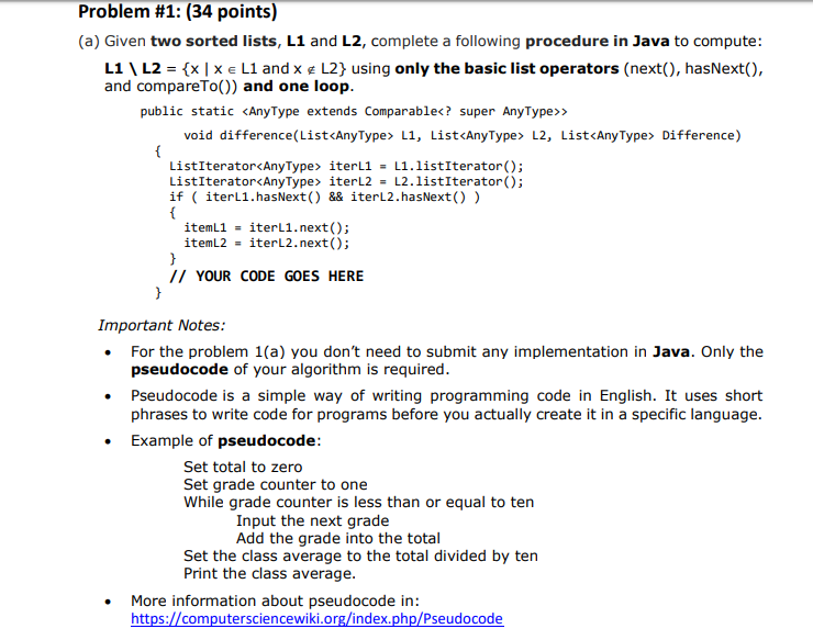 Problem #1: (34 points) (a) Given two sorted lists, | Chegg.com